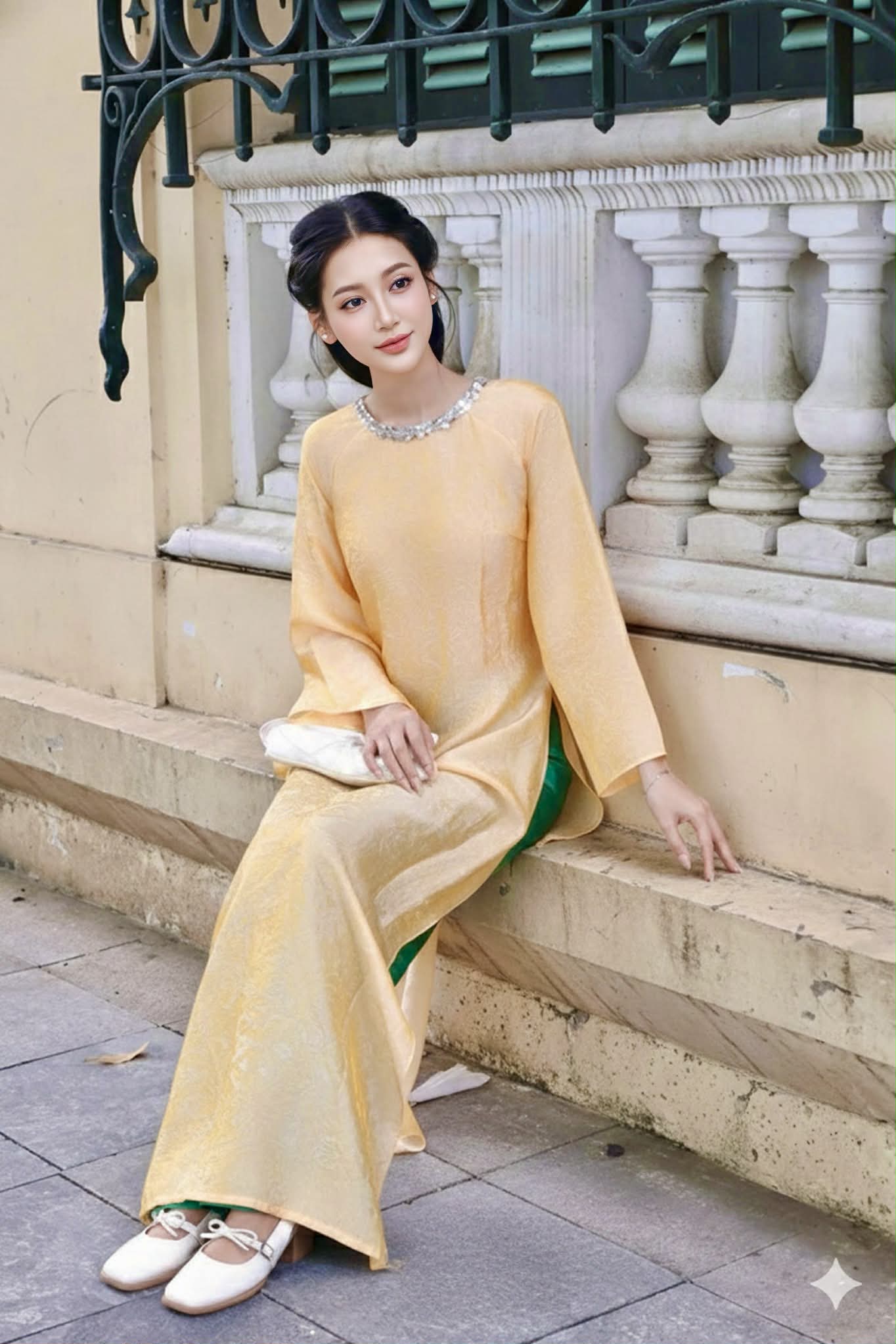 H517 2219 only áo - Áo dài dáng suông tằm ánh kim tencel 2 tà màu vàng ...