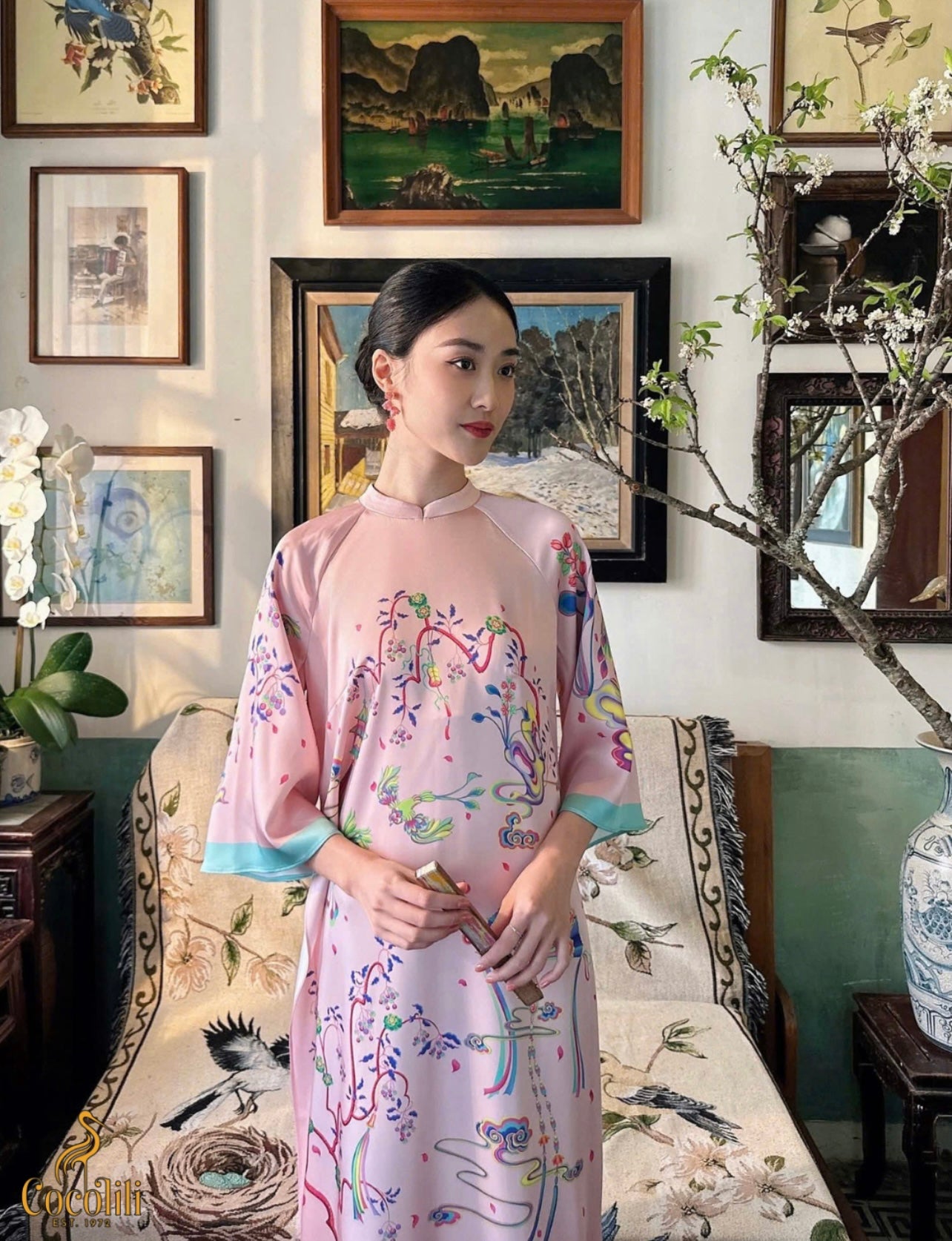 M179 Áo hồng phấn - Áo dài cách tân dáng suông + quần xanh ngọc ...