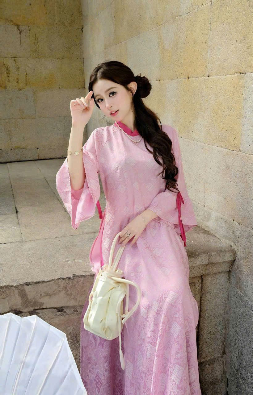 CT81 áo + quần - Áo cách tân gấm màu hồng phấn tay cách điệu ...